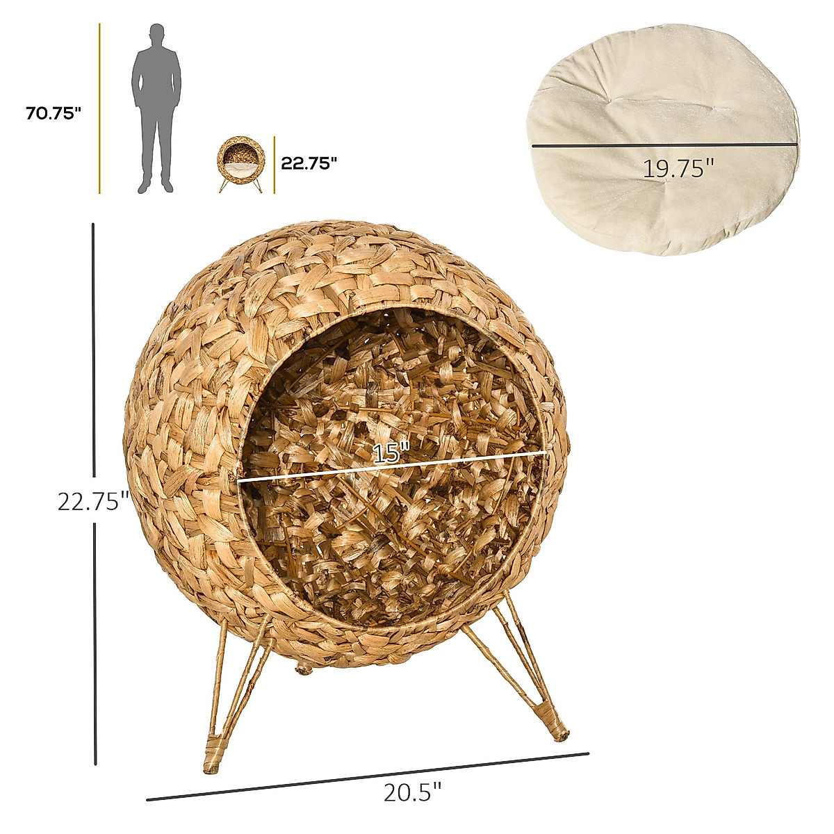 PawHut 20.7" Weaved Cat Bed, Elevated Hand-Woven Braided Banana Leaf Kitten House Condo with Cushion, Natural