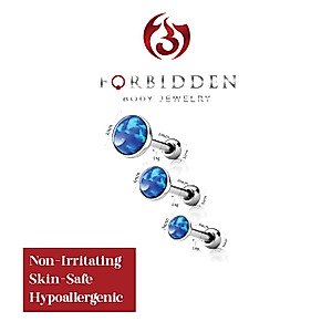 Forbidden Body Jewelry 3-Pack: 16g Surgical Steel Synthetic Blue Opal Cartilage Studs, 3mm/4mm/5mm Opalite