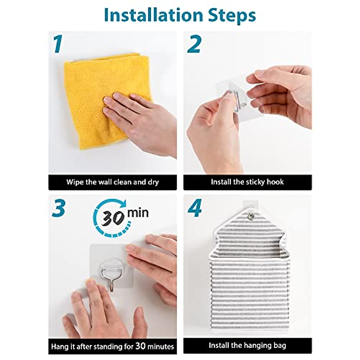 PARAKE Wall Hanging Storage Bag, 2 Pack Waterproof Hanging Organizer Bag for Bedroom, Large Pocket Organizer Basket with Side Pocket, 4 Sticky Hook, Hanging Bag for Bathroom Office, Grey White Stripes