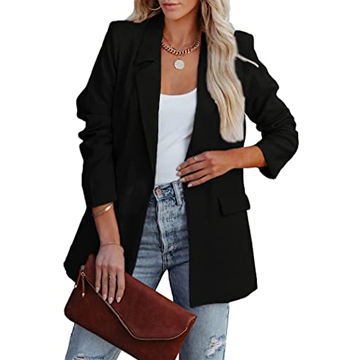 PRETTYGARDEN Women's Casual Blazers Long Sleeve Open Front Button Work Office Blazer Jackets with Pockets (Black,X-Large)
