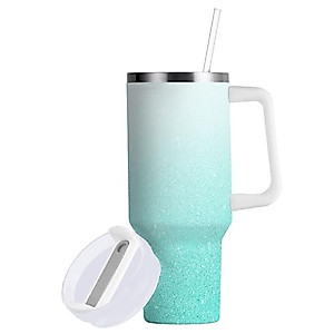 Caikeny Insulated Tumblers with Lid and Straw Blue Turquoise Teal Glitter 40 oz Reusable Stainless Steel Cup Water Bottle Coffee Travel Tumbler Mug for Women Men