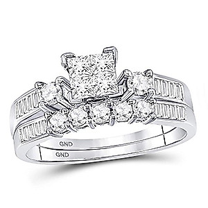 Size 10 - 10K White Gold Princess Cut, Round & Baguette Diamond Bridal Engagement Ring & Matching Wedding Band Two Piece Set - Invisible Set Square Princess Center Setting Shape with Channel Set Side Stones (.90 cttw.)