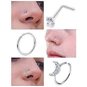 Kridzisw 18G Nose Rings Hoops Studs Piercing Jewelry for Women 18 Gauge Stainless Surgical Steel L Shaped Bend Screw Nose Ring Hoop Nose Rings Stud Nostril Piercing Jewelry Men Silver 2mm CZ Diamond