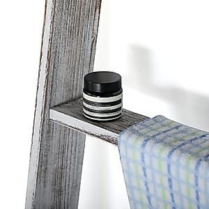 Afaris Gray Washed Wood Decorative Ladder Shelf, 4.5 Foot Wall Leaning Wooden Towel Blanket Ladder Storage Rack for Bathroom or Living Room