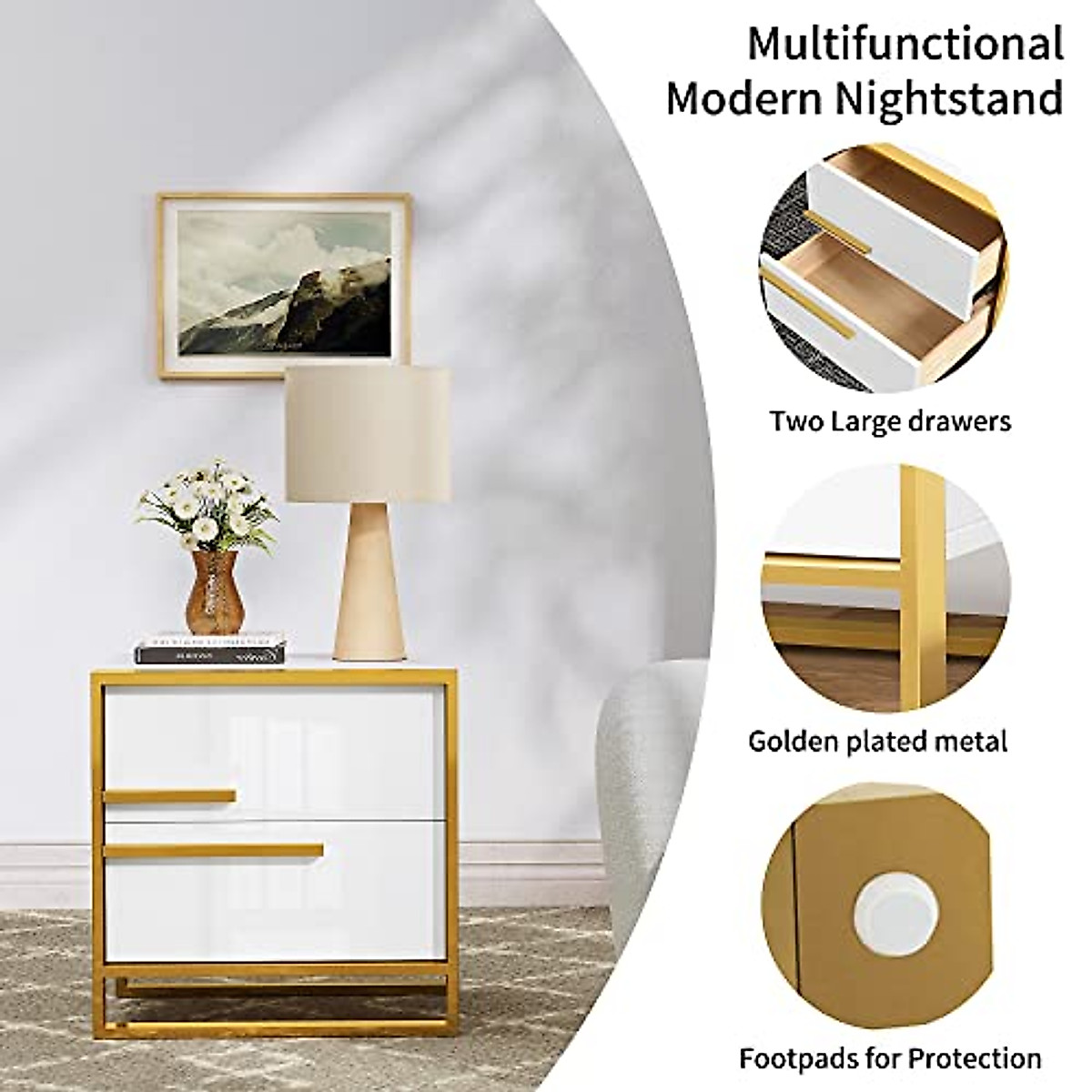 HERNEST Modern Nightstand Storage Cabinet with Solid Wood 2 Drawers Sofa Bedside End Table Glam Steel Frame Accent Furniture Without Assembly for Bedroom/Living Room/Salon/Office, Left White