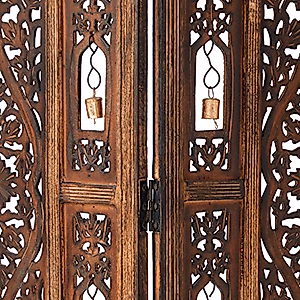 Cotton Craft Ghanti Bells - Antique Brown 4 Panel Handcrafted Wood Room Divider Screen 72x80 - With Tiny Bells - Intricately Carved On Both Sides