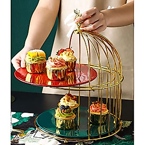 XENITE Dessert Bird Cage Cake Stand for Dessert Table Gold Metal Cosmetics Dessert Display Holder W/Ceramic Tray & Elk Top for Celebrations Home Decorations Fruit Plate