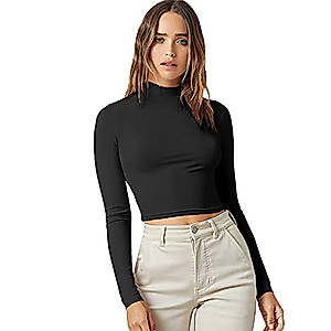 Verdusa Women's Basic Long Sleeve Mock Neck Slim Fitted Tee Shirt Crop Top Black L