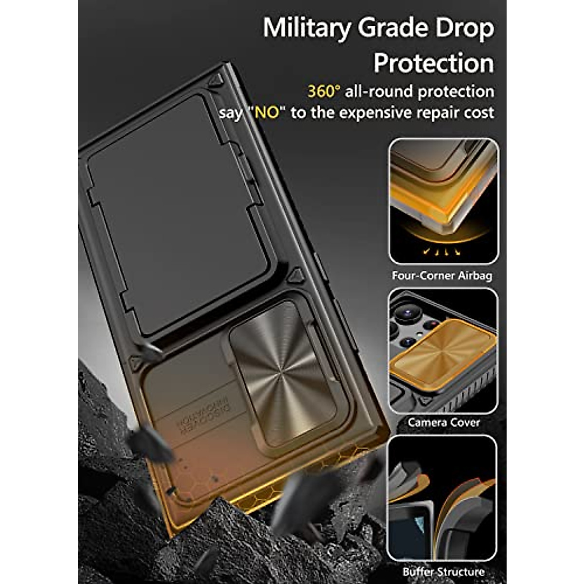 Vihibii Case with Card Holder (4 Cards) & Sliding Camera Cover & Kickstand, Shockproof Rugged Hard Back & TPU Edge Wallet Case for Samsung Galaxy S23 Ultra 5G 6.8" 2023 , Black