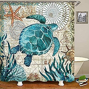 4PCS Underwater World Shower Curtain Sets with Non-Slip Rugs, Toilet Lid Cover and Bath Mat, Nautical Ocean Shower Curtains with 12 Hook s, Durable Waterproof Bath Curtain (Turtle, Medium)