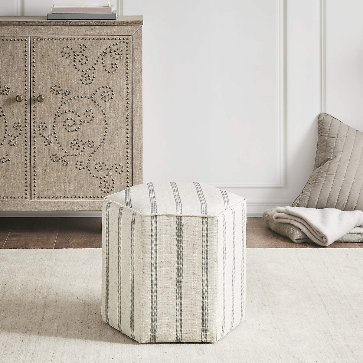 MARTHA STEWART Ellen Accent Ottoman - Solid Wood Frame, Soft Fabric, Hexagonal Small Stool Chair - Modern Foam Padded Top Footstool Living Room Furniture Natural, 18" W x 18" D x 16" H, Natural