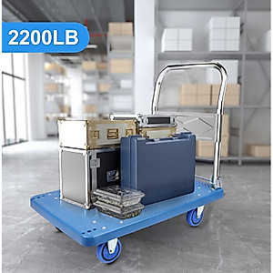 Folding Dolly Cart with Wheels Collapsible - 1500lbs Alloy Steel Portable Foldable Moving Push Utility Flat Hand Trucks, Heavy Duty Trolley Dolley with 360 Degree Swivel Wheels (Blue, PP-S)