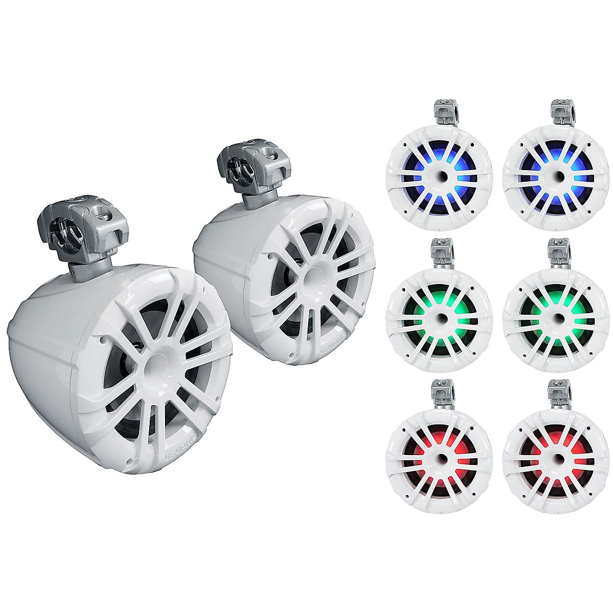 Pair Memphis Audio MXA82TW 8" Marine Wakeboard Tower Speakers/LED+Swivel White Bundle with Rockville RGHR2 Marine Gauge Hole Receiver (2 Items)
