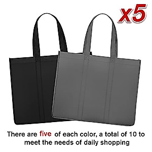 WISELIFE Reusable Grocery Shopping Bags 10 Pack Large Foldable Tote Bags Bulk, Eco Produce Bags with Long Handle for Shopping Groceries Clothes (Dark Grey & Black)