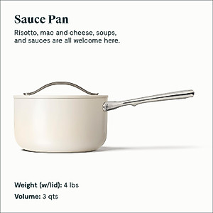 Caraway Nonstick Ceramic Sauce Pan with Lid (3 qt) - Non Toxic, PTFE & PFOA Free - Oven Safe & Compatible with All Stovetops (Gas, Electric & Induction) - Cream