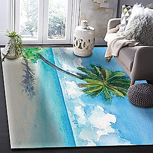 Large Rectangular Area Rugs 3' x 5' Living Room, Hand Painted Tropical Plants Coconut Tree Beach Blue Sky White Clouds Durable Non Slip Rug Carpet Floor Mat for Bedroom Bedside Outdoor