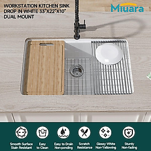 Miuara White Workstation Kitchen Sink 33 Inch - Large Undermount Kitchen Sink 33"x22", 9" Deep White Kitchen Sink Drop In, Single Bowl Topmount Fireclay Sink for Kitchen, with 4 Custom Accessories