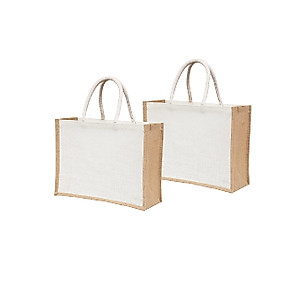 White Jute Burlap Tote Bags with Handle | Natural Eco-friendly Reusable Grocery Bag | Totes for Bridesmaids|Yogi's Gift® Pack of 2