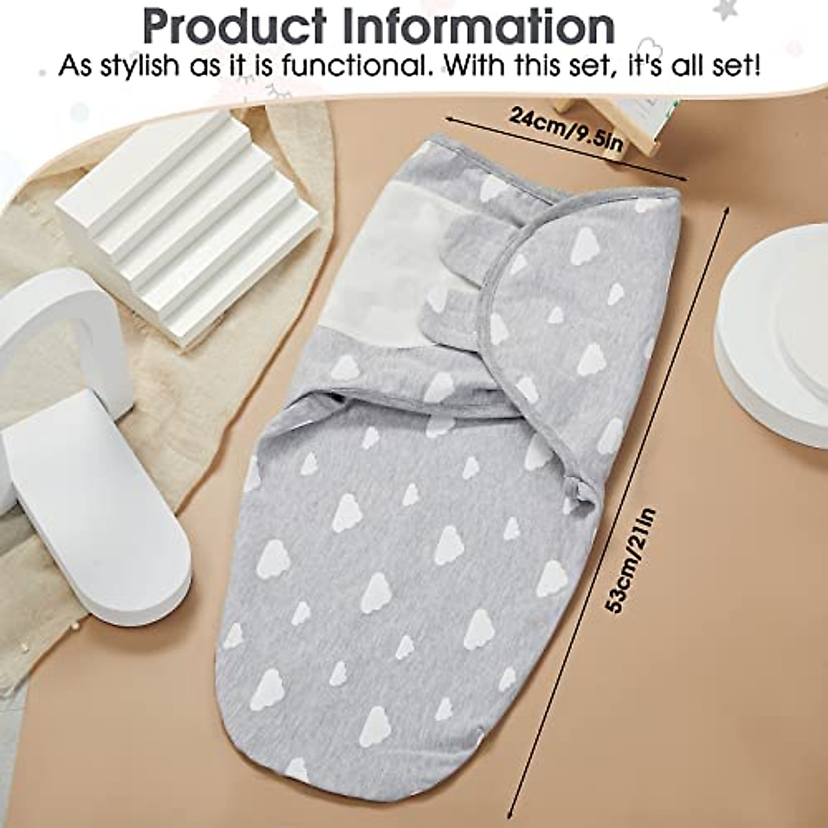 6 Pcs Baby Swaddle Blanket Adjustable Infant Sleep Sack Wrap Gray Newborn Swaddle Elephant Stripe Star Cloud Baby Swaddle Wrap for Boys Girls Sleep, 0-3 Month