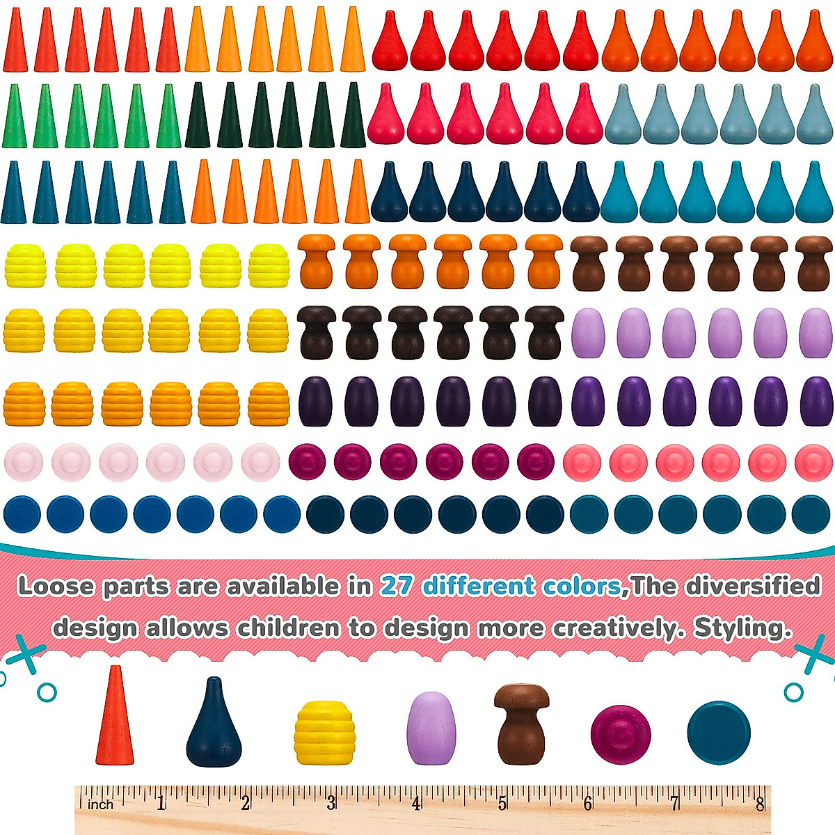 Loose Parts Play Materials Set Wooden Mandala Toys Kit Wood Sensory Play Toys 27 Rainbow Color 7 Shapes Loose Parts for Teens Students Early Learning Materials (81)