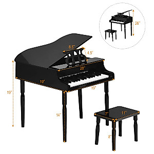 Costzon Classical Kids Piano, 30 Keys Wood Toy Grand Piano with Music Stand and Bench, Mini Musical Toy for Child, Ideal for Children's Room, Toy Room, Best Gifts (Straight Leg, Black)