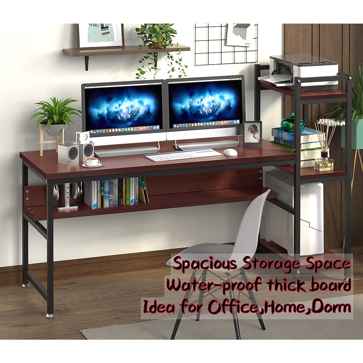 NSdirect 60" Large Computer Desk with 4 Tier Storage Shelves, Office Desk Computer Table Studying Writing Drawing Modern Desk for Home Workstation with Bookshelf and Tower Shelf, Red