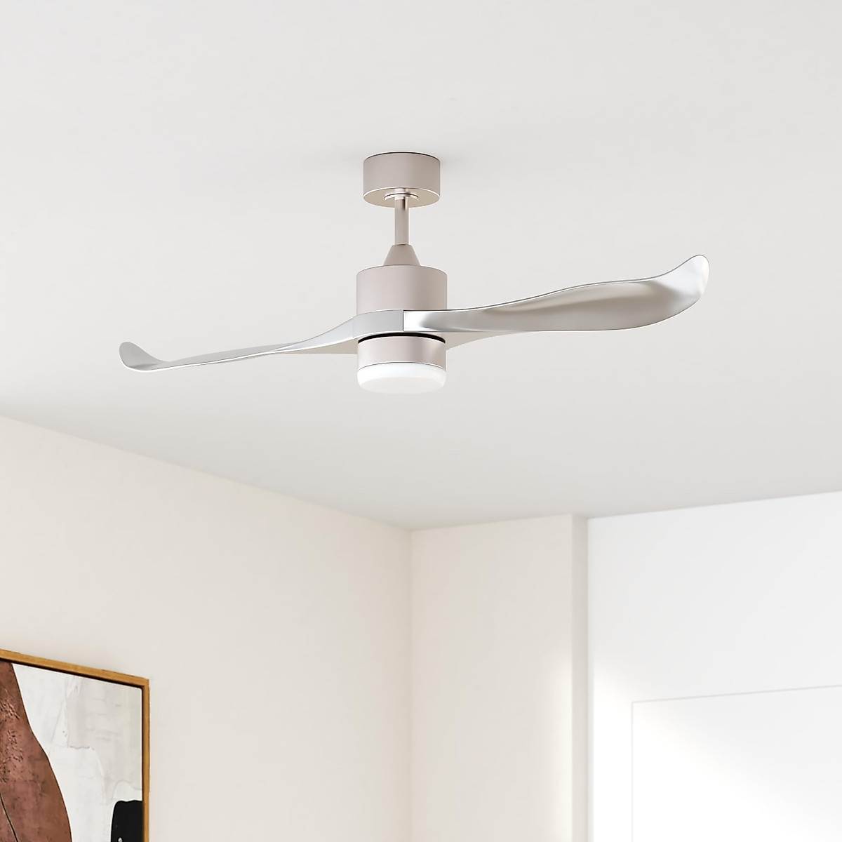 WINGBO 52" DC Ceiling Fan with Lights and Remote, Brushed Nickel and Silver Ceiling Fan, 2 Curved ABS Plastic Blades, 6-Speed DC Motor, Modern Ceiling Fan for Kitchen Bedroom Living Room, ETL Listed