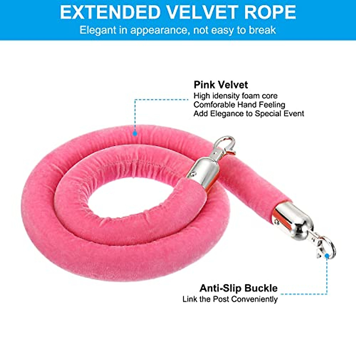 PATIKIL 5 Feet Pink Velvet Stanchion Rope, 2 Pack Crowd Control Barrier Rope with Snap Hooks for Posts Stand Queue Divider of Hotel Theater, Silver