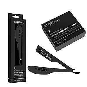 The Rich Barber Straight Edge Shaving Razor Holder + 100 Blades Combo - Beard Shaping Tool for Line-Ups & Hair Detailing Precision - Rust-Resistant Self-Care Grooming Tool (Black)