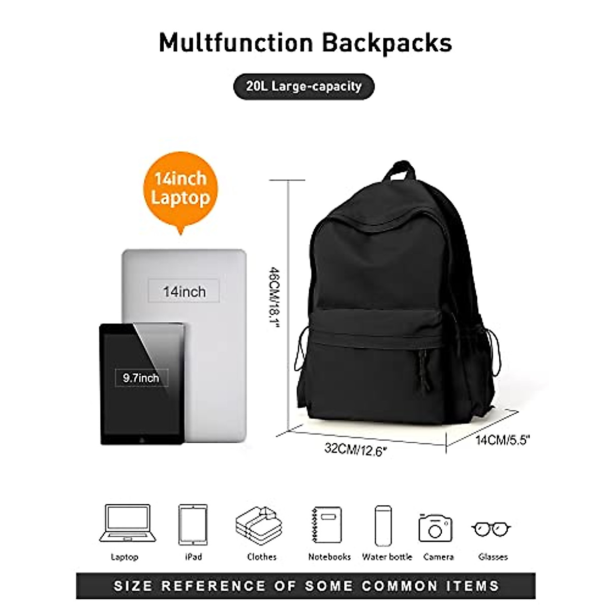 Black Backpack for Women Men, Waterproof High School Bookbag,Lightweight Casual Travel Daypack,Classic Basic College Backpack,Middle School Bag for Teen Girls Boys