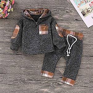 VOLUOVO Baby Boy Clothes Newborn Boy Outfits Infant Clothing Plaid Pocket Hooded Sweatshirt Long Pants Toddler Clothe(GreyOrange/90)