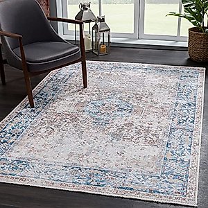 Bloom Rugs Caria Washable Non-Slip 5x7 Rug - Beige/Ocean Blue Area Rug for Living Room, Bedroom, Dining Room and Kitchen - Exact Size: 5' x 7'