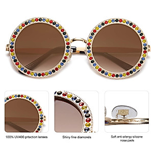 SOJOS Shining Oversized Round Rhinestone Sunglasses Festival Gem Sunnies SJ1095 with Gold Frame/Gradient Brown Lens with Colored Diamonds