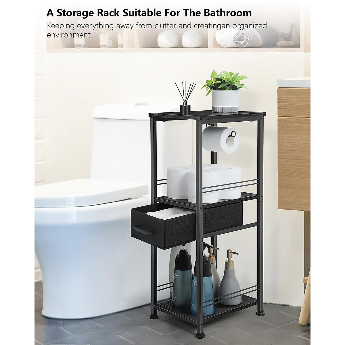 MOOACE Bathroom Storage Cabinet Free-Standing Bathroom Stand with Cloth Drawer Toilet Paper Storage Shelf 3 Tier Narrow Towel Organizer Cabinet for Small Space Bathroom Kitchen Laundry Room,Black