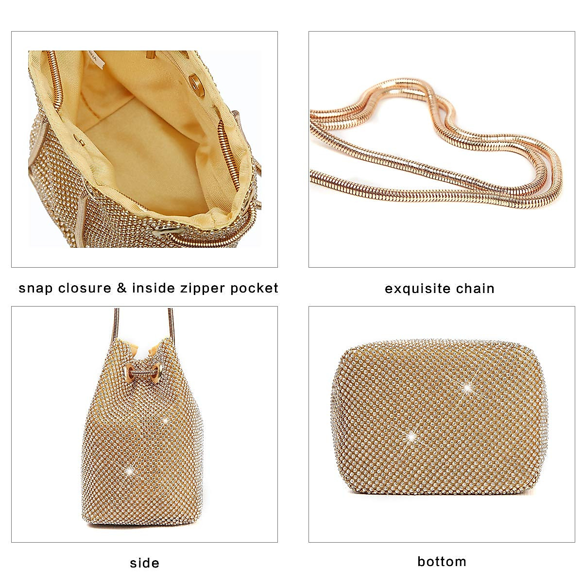 Vgift Evening Purse Women, Rhinestone Bucket Bag Crystal Purse for Wedding Party, Gold