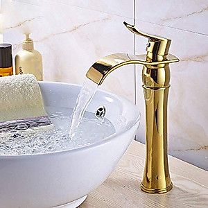 GGStudy Single Handle One Hole Bathroom Vessel Sink Faucet Matching Pop Up Drain Without Overflow Gold Finish