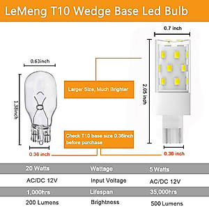 LEMENG 50watt T10 Wedge Base 921 LED Light Bulb 5W 500lm 6000K Daylight White 12VAC/DC for Outdoor Landscape Path, RV Camper Trailer Motorhome Marine Boat Lighting-6 Pack