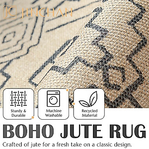 jinchan Area Rug 4x6 Entryway Recycled Boho Chic Jute Rug Indoor Outdoor Floor Cover Print Geometric Black Accent Carpet for Living Room Bedroom Dining Room Patio Garden