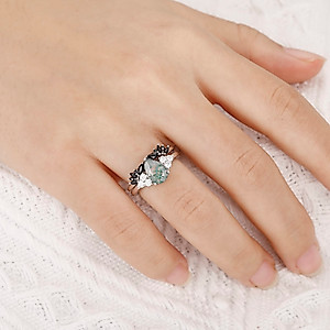 IRROYA 6x9mm Natural Pear Cut Moss Agate Bridal Ring Set,Cluster Genuine Moissanite Engagement Ring,V Shaped Open Ring Band, Sterling Silver Platinum, moss agate