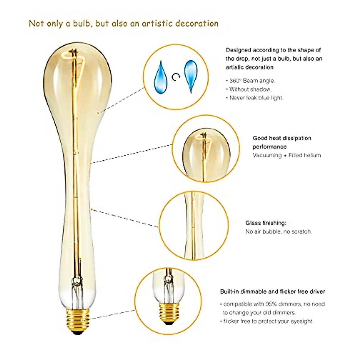 Beilf Decorative Oversized Edison Light Bulbs with E26 Base, Amber Glass, 4W Warm White 2200K, Dimmable, Large Led Filament Specialty Light Bulbs for Decorating Your Home