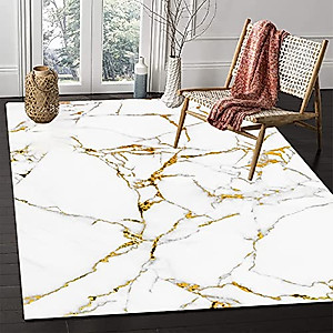 Luxury White Gold Marble Area Rugs 5x7 Modern Abstract Soft Thick Carpet for Living Room Bedroom Chic Boho Dining Room Rugs Art Decor Home Office Floor Rug Non-Slip Runner Rug