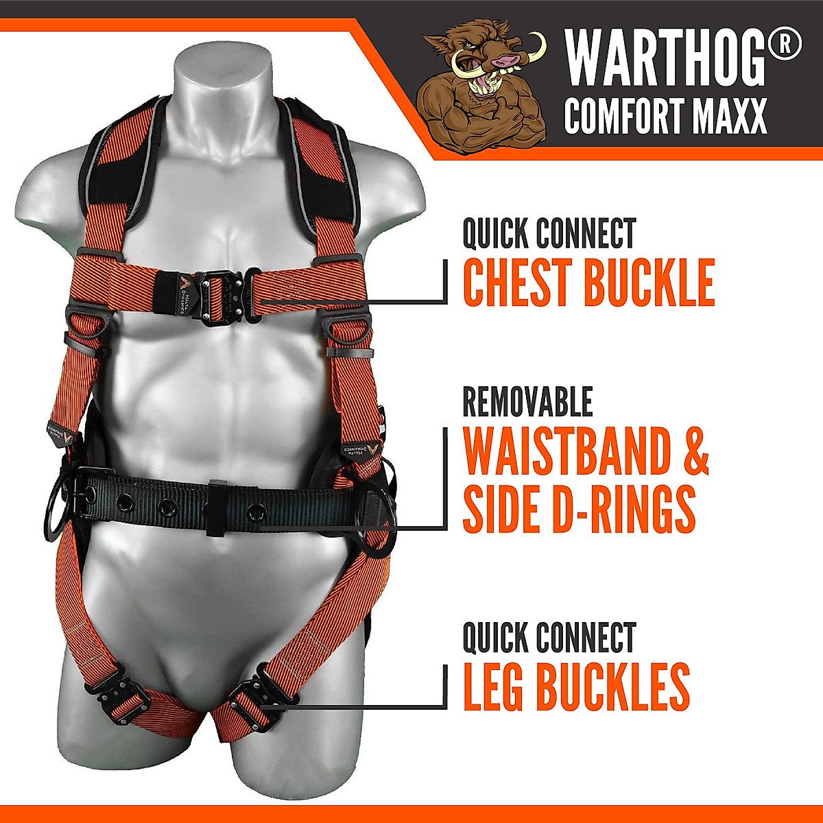 Malta Dynamics Warthog Comfort MAXX Construction Harness with Removable Belt, Side D-Rings and Additional Thick Padding, OSHA/ANSI Compliant, Large-XLarge