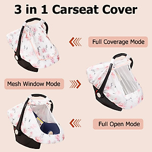 3-in-1 Car Seat Cover Baby, Breathable Peekaboo Sunshade and Mosquito Net, Universal Fit Infant Car Seat, Stretchy Canopy with Portable Storage Bag, Soft and Lightweight