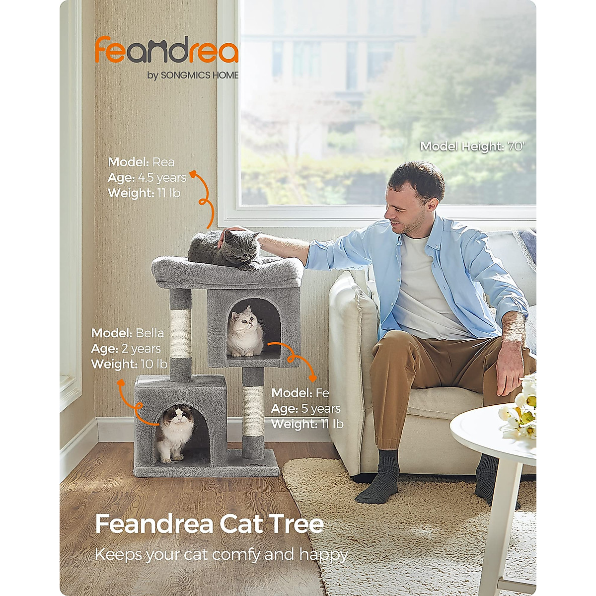 Feandrea Cat Tree, 29.1-Inch Cat Tower, M, Cat Condo for Medium Cats up to 11 lb, Large Cat Perch, 2 Cat Caves, Scratching Post, Light Gray UPCT612W01