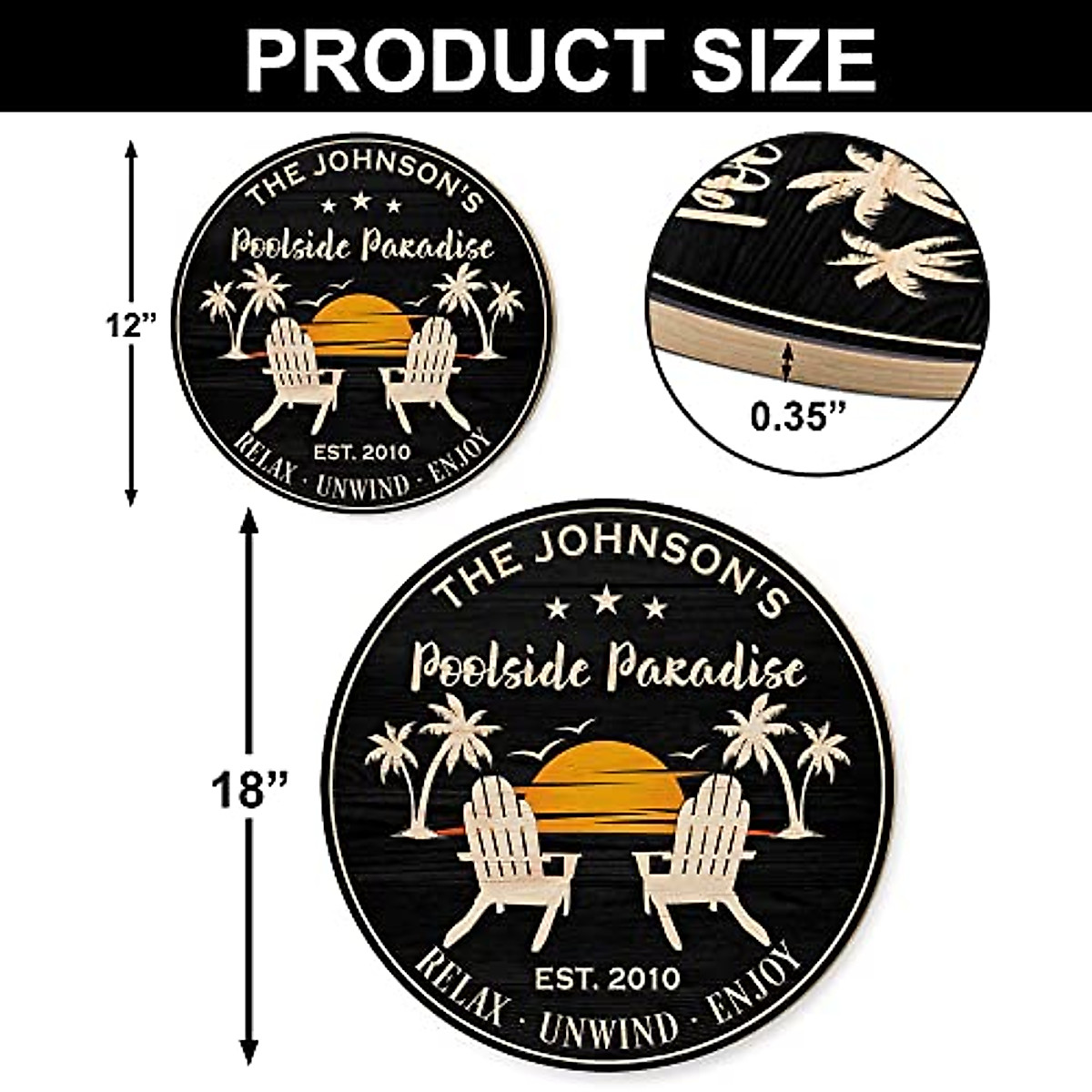 MUCHNEE Personalized Funny Swimming Pool Zone Printed Sign for Backyard Paradise Patio Oasis Waterfront - Relax Unwind Enjoy Round Wood Plaque Indoor Decorations - Gift for Birthday Housewarming