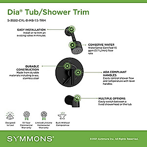 Symmons S-3502-CYL-B-MB-1.5-TRM Dia Single Handle 1-Spray Tub and Shower Faucet Trim with Brass Escutcheon in Matte Black - 1.5 GPM (Valve Not Included)