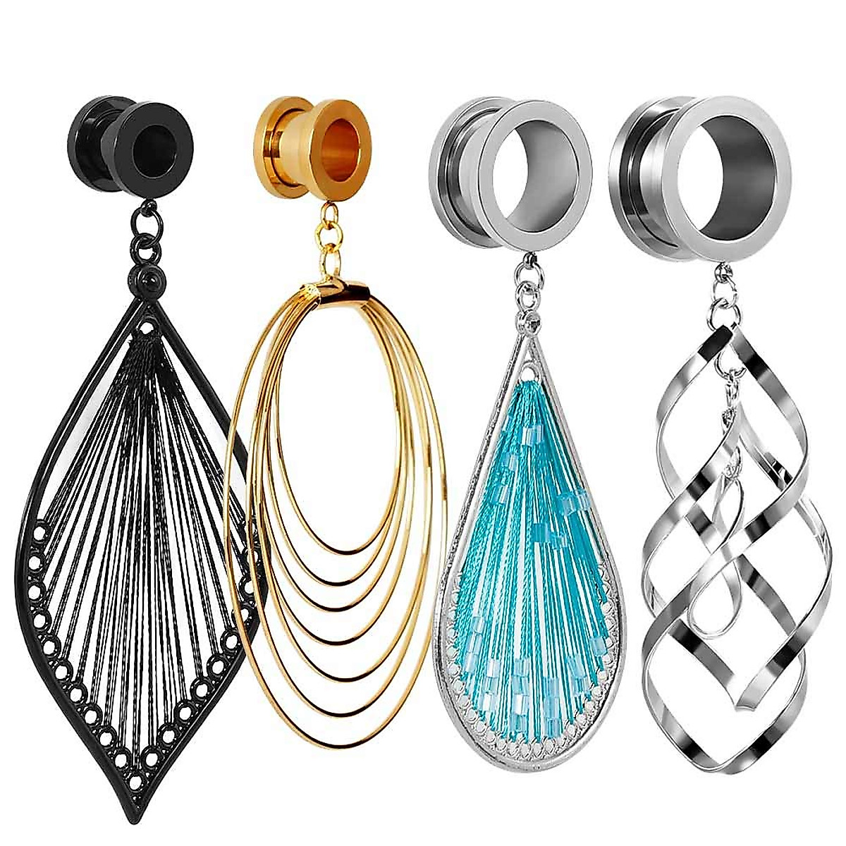 TBOSEN 8 PCS Stainless Steel Screw Ear Gauges Large Dangle Plugs Tunnels Expander Body Piercing Jewelry Set