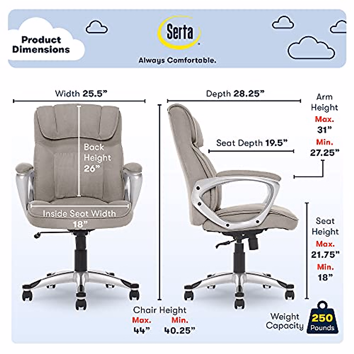 Serta Executive Office Chair Ergonomic Computer Upholstered Layered Body Pillows, Contoured Lumbar Zone, Microfiber, Black Base, Fabric, Grey/Silver