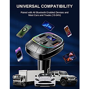 RIWUSI Bluetooth Car Adapter, [PD 30W+QC 3.0] [Stronger Dual Mic & Bass Boost] Bluetooth 5.0 FM Transmitter for Car, Hands-Free Music Player/Car Kit with Stunning 8 Colors Backlit & U Disk