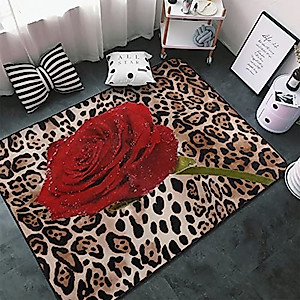 Soft Area Rug for Living Room,Leopard Red Rose Mix Wild Animal Leopard Print Pattern Background Romantic,Large Floor Carpets Doormat Non Slip Washable Indoor Rugs for Bedroom Kids Room 5 x 7Ft